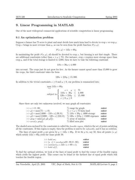 linear programming in matlab solving optimization problems using the simplex algorithm pdf