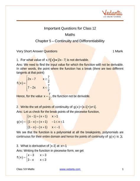 cbse class 12 mathematics chapter 5 continuity and differentiability important questions