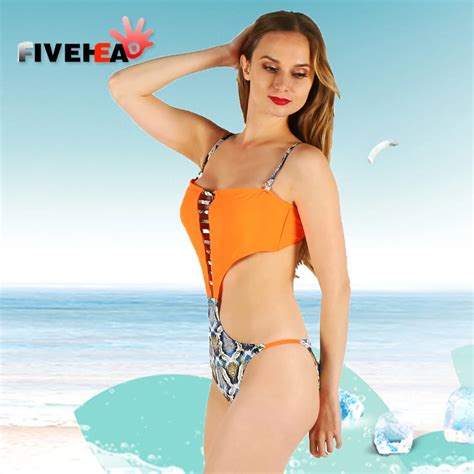 One Piece Women Swimwear Sexy Sling Halter Printed Orange Solid Color Large Size Bathing
