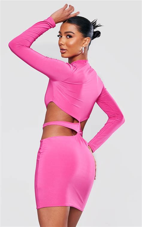 Hot Pink Slinky High Neck Multi Bodycon Dress Prettylittlething Aus