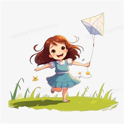 卡通放风筝小女孩玩耍娱乐元素PNG图片素材下载 小女孩PNG 熊猫办公