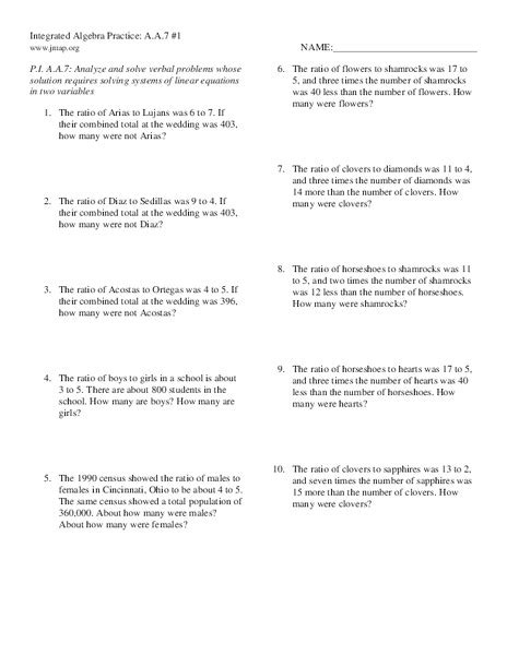 integrated algebra practice systems of linear equation word problems worksheet for 9th 12th