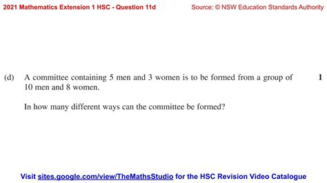 [1062] mathematics extension 1 hsc 2021 q11d combinatorics permutations and combinations