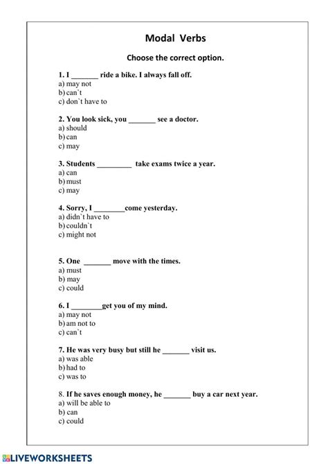 Modal Auxiliary Verbs Worksheets