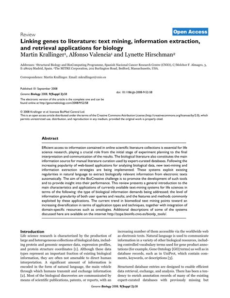 pdf linking genes to literature text mining information extraction and retrieval