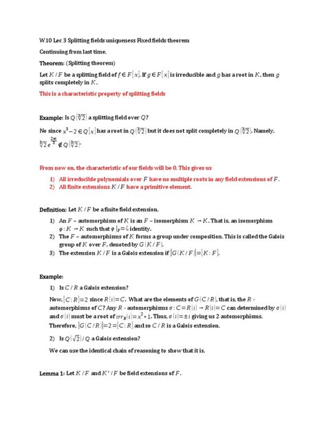 w10 lec 3 splitting fields uniqueness fixed fields theorem pdf field mathematics mathematics