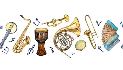 Watercolor Drawn Musical Instruments Isolated On White Background