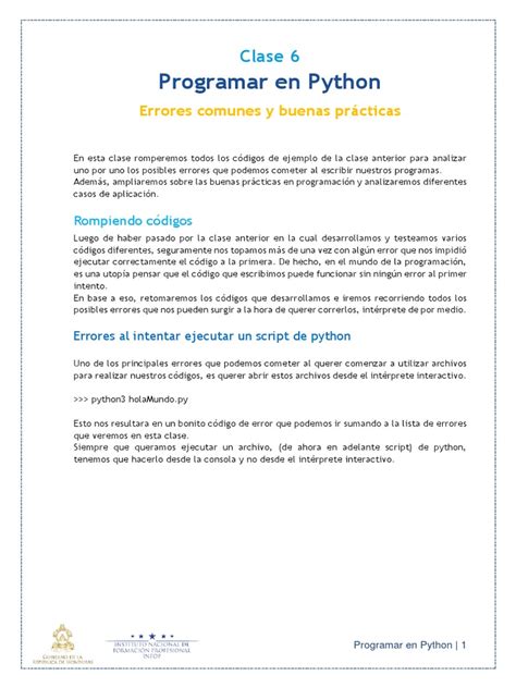 clase 6 errores comunes y buenas prácticas pdf python lenguaje de programación