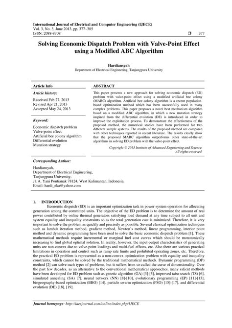 pdf solving economic dispatch problem with valve point effect using a modified abc algorithm