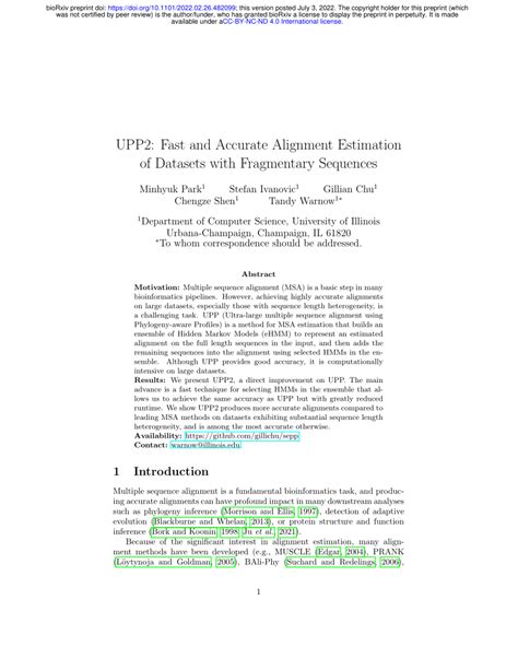 pdf upp2 fast and accurate alignment estimation of datasets with fragmentary sequences