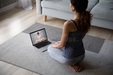 Woman Practice Yoga On Webcam Call With Instructor Stock Image Image Of Female Activity