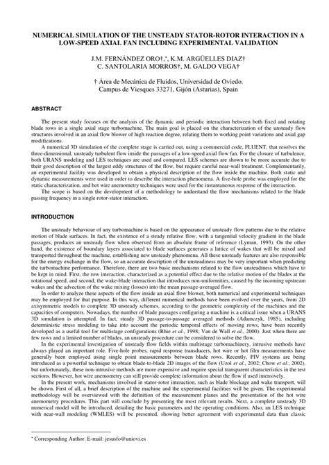 pdf numerical simulation of the unsteady stator rotor interaction in a low speed axial fan