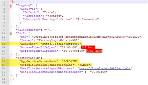 edit the appsettings json file factorylogix learning