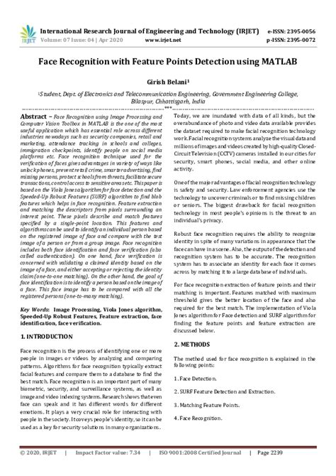 pdf irjet face recognition with feature points detection using matlab irjet journal