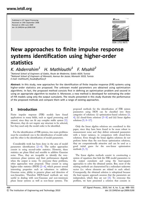 pdf new approaches to finite impulse response systems identification using higher order statistics