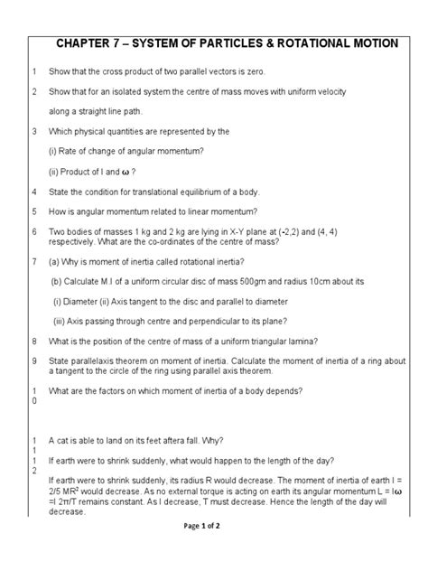 class 11 worksheet chap 7 rotational motion pdf rotation around a fixed axis torque