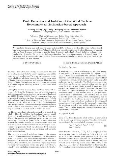 fault detection and isolation of the wind turbine benchmark an