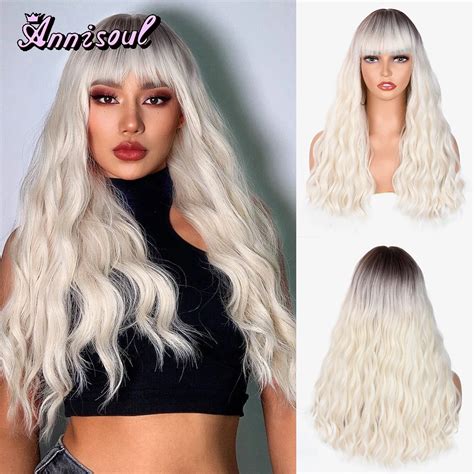 Long Wavy Wig With Bangs For Women Synthetic Cosplay White Platinum Blonde Natural Curly Hair