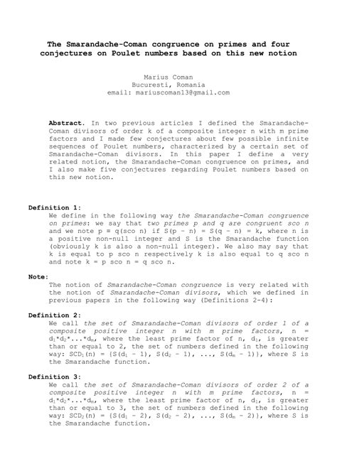 pdf the smarandache coman congruence on primes and four conjectures on poulet numbers based on