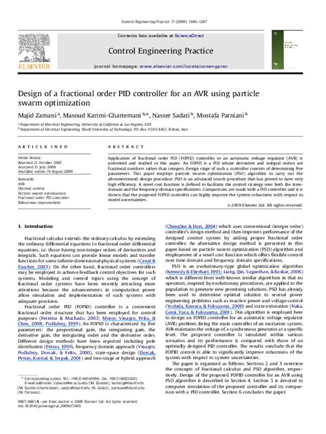 pdf design of a fractional order pid controller for an avr using particle swarm optimization