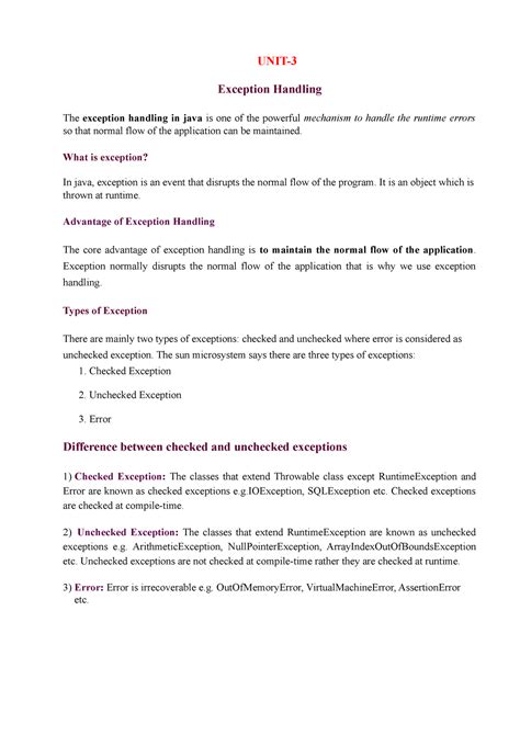 java unit 3 notes unit exception handling the exception handling in java is one of the