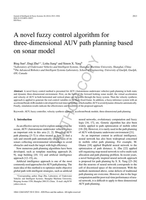 pdf a novel fuzzy control algorithm for three dimensional auv path planning based on sonar model