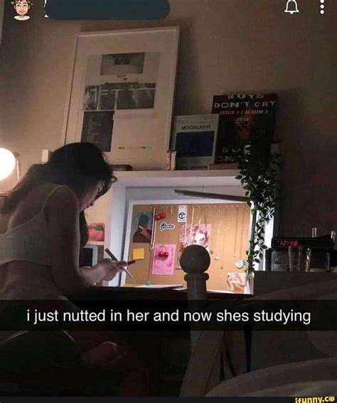 A Woman Sitting On A Couch In Front Of A Tv With The Caption I Just Nutted In Her And Now Shes