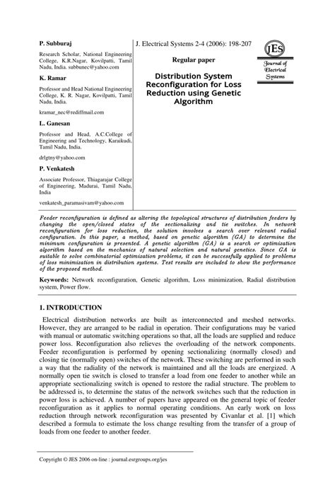 pdf distribution system reconfiguration for loss reduction using genetic algorithm