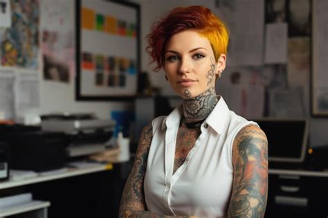 Premium Photo A Tattooed Happy Woman With Colorful Short Haircut Standing In The Office