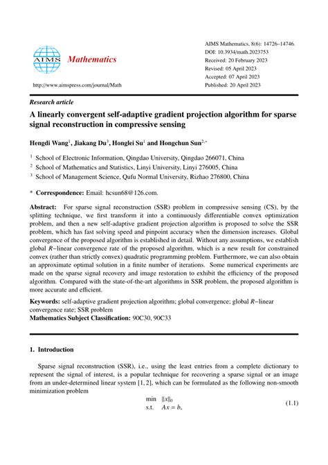 pdf a linearly convergent self adaptive gradient projection algorithm for sparse signal