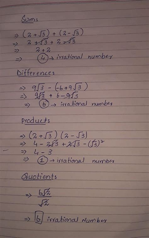 Give Example Of Two Irrational Numbers The Sum Difference Product And