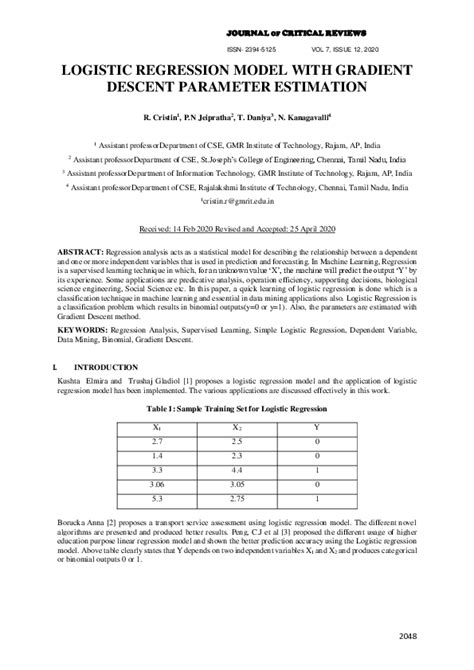 pdf logistic regression model with gradient descent parameter estimation kanagavalli n