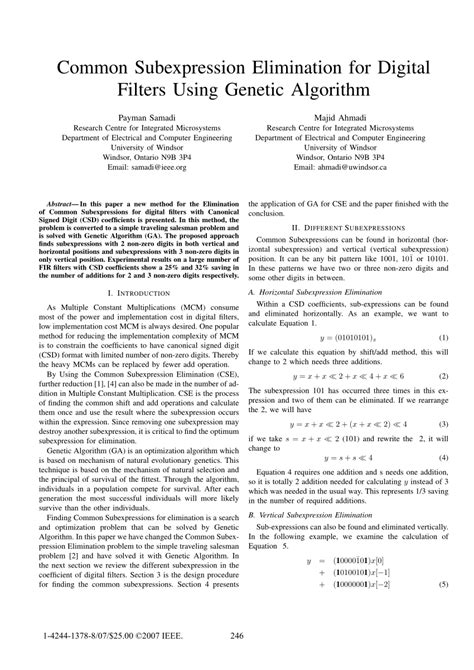 pdf common subexpression elimination for digital filters using genetic algorithm