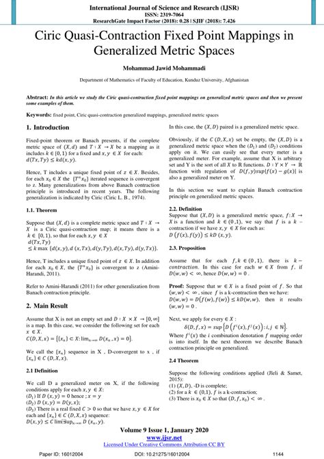 pdf ciric quasi contraction fixed point mappings in generalized metric spaces