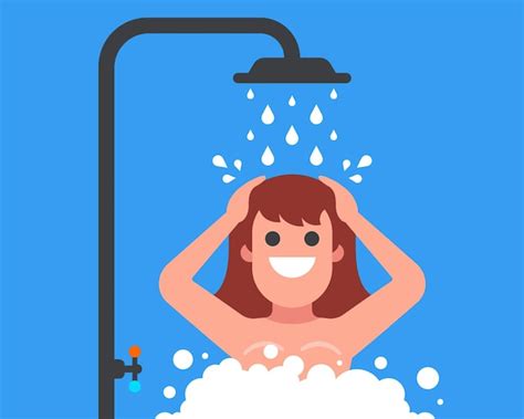 Chica desnuda se lava en la ducha de la mañana Vector Premium