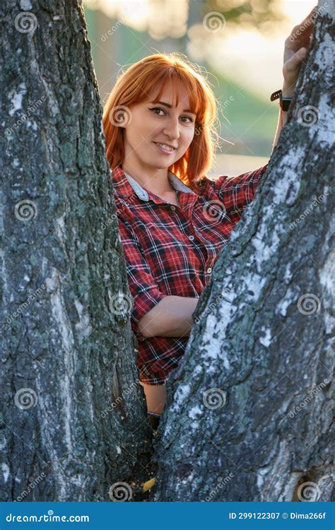 Close Up Portrait Of Sensual Redhead Outdoors Autumn S Warm Embrace Smiling Stock Image