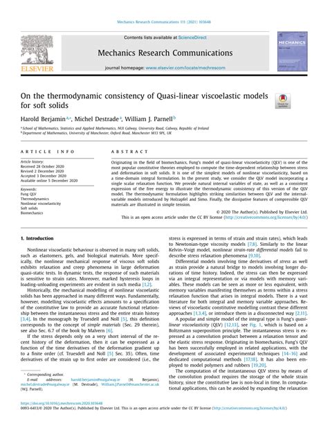 [pdf] on the thermodynamic consistency of quasi linear viscoelastic models for soft solids