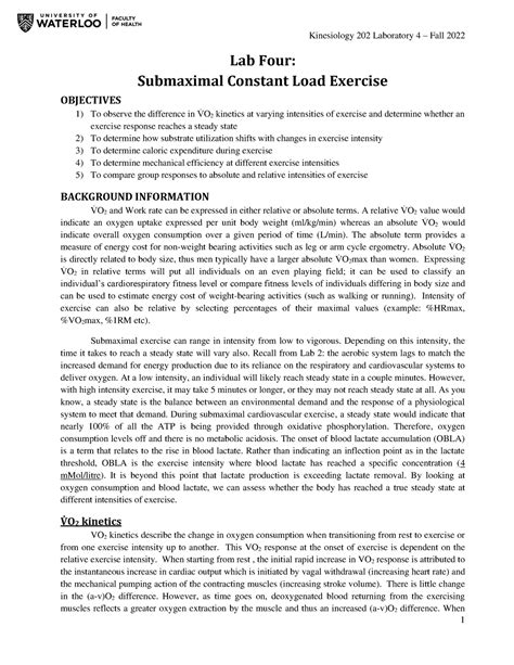 kin 202 lab 4 manual lab four submaximal constant load exercise objectives to observe the