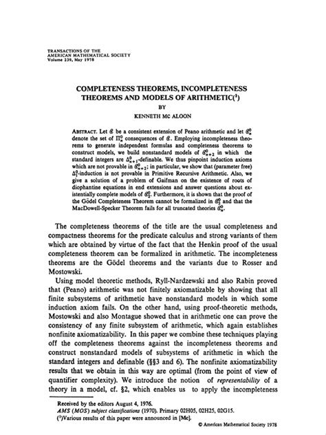 mcaloon completeness theorems incompleteness theorems and models of arithmetic download