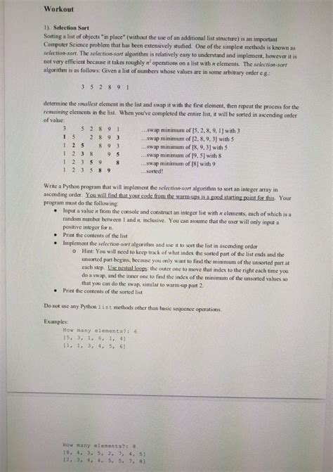 solved workout 1 selection sort sorting list objects place without use additional list