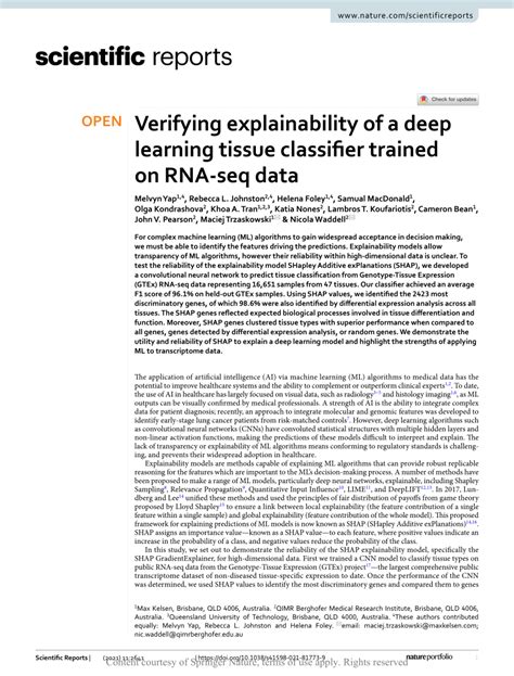 pdf verifying explainability of a deep learning tissue classifier trained on rna seq data