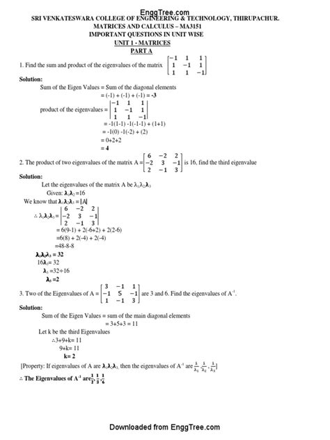ma3151 matrices and calculus two mark questions 2 pdf eigenvalues and eigenvectors matrix