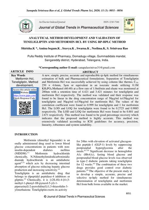 pdf analytical method development and validation of teneligliptin and metformin hcl by using