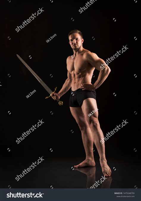 Strong Athletic Man Showes Naked Muscular Stock Photo 1475548799
