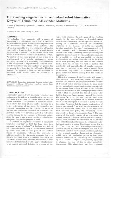pdf on avoiding singularities in redundant robot kinematics