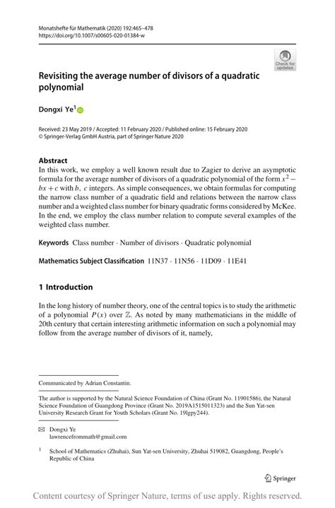 revisiting the average number of divisors of a quadratic polynomial request pdf
