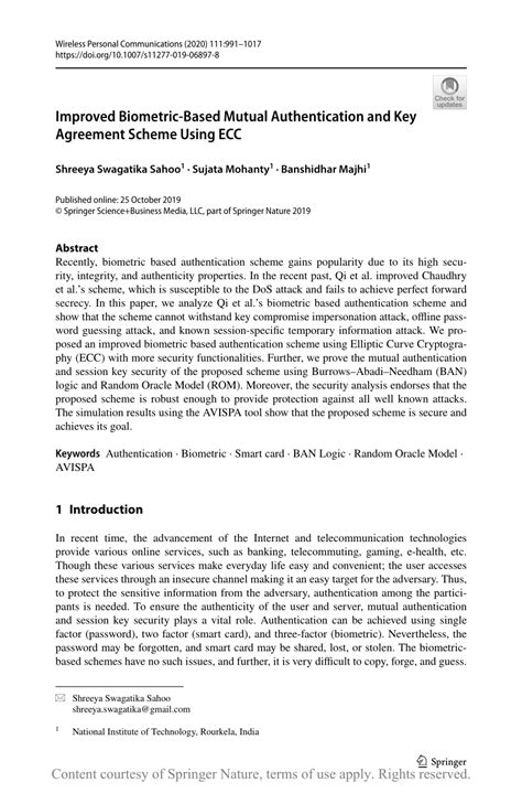 improved biometric based mutual authentication and key agreement scheme using ecc request pdf