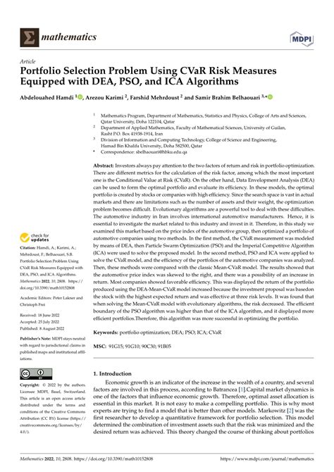 pdf portfolio selection problem using cvar risk measures equipped with dea pso and ica