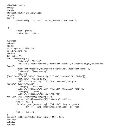javascript code for computer skills using object arrays and nested for loops unordered lists