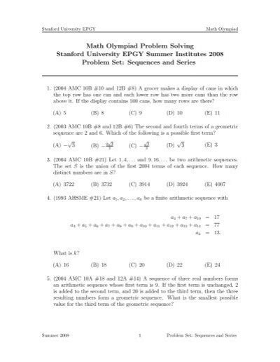 problem set sequences and series stanford university